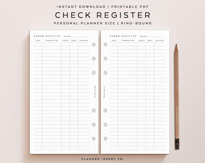 PERSONAL SIZE // Check Register Printable Planner Insert, Checkbook ...