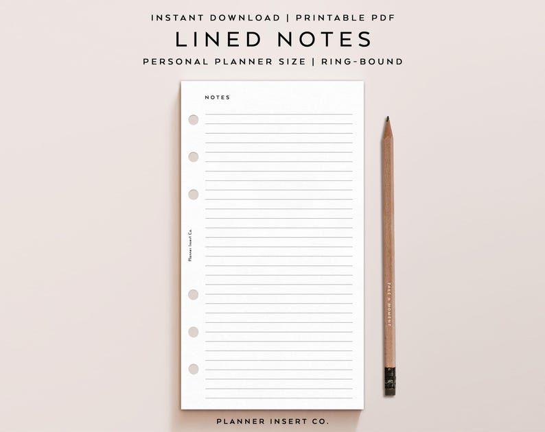 PERSONAL SIZE // Lined Notes Printable Planner Insert / Notes Page ...