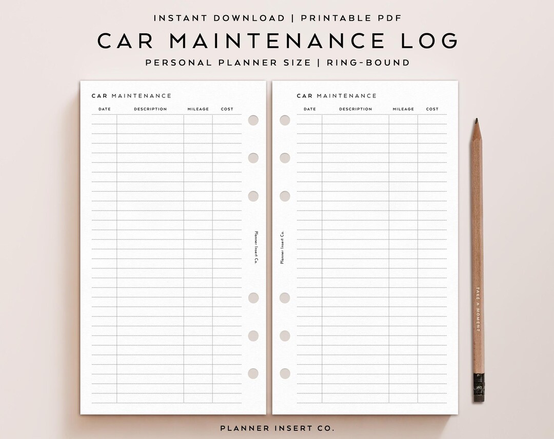 PERSONAL SIZE // Car Maintenance Tracker Planner Printable Insert / Car ...