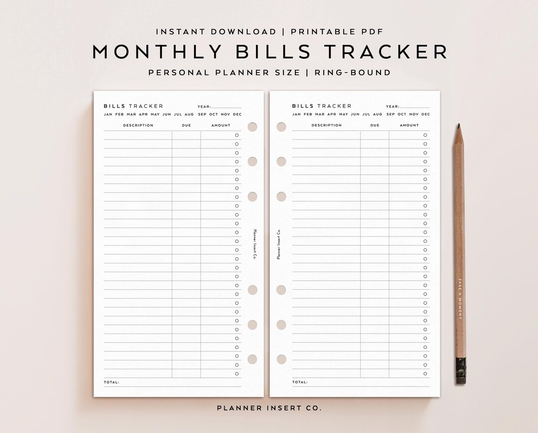 PERSONAL SIZE // Bills Tracker Planner Insert Printable / Bills Due ...