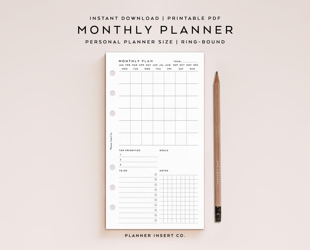 PERSONAL SIZE // Monthly Planner Printable Insert / Monthly Agenda Plan ...