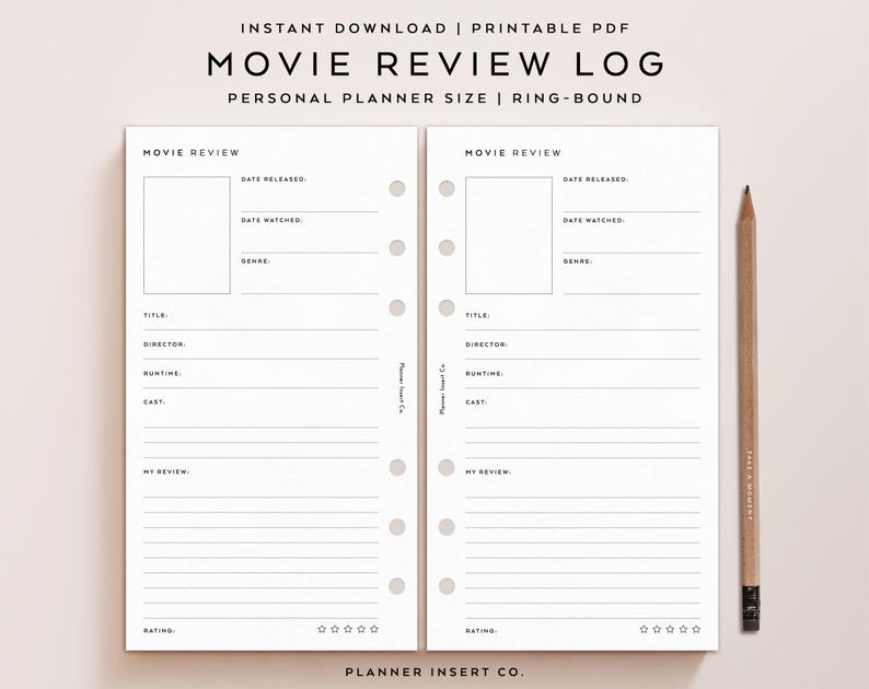 PERSONAL SIZE // Movie Review Log Printable Planner Insert / Movie ...