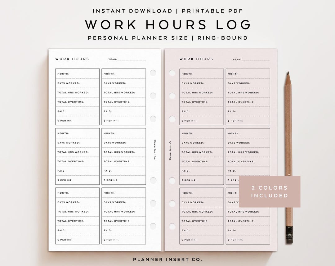 PERSONAL SIZE // Work Hours Log Planner Insert Printable, Monthly Work ...