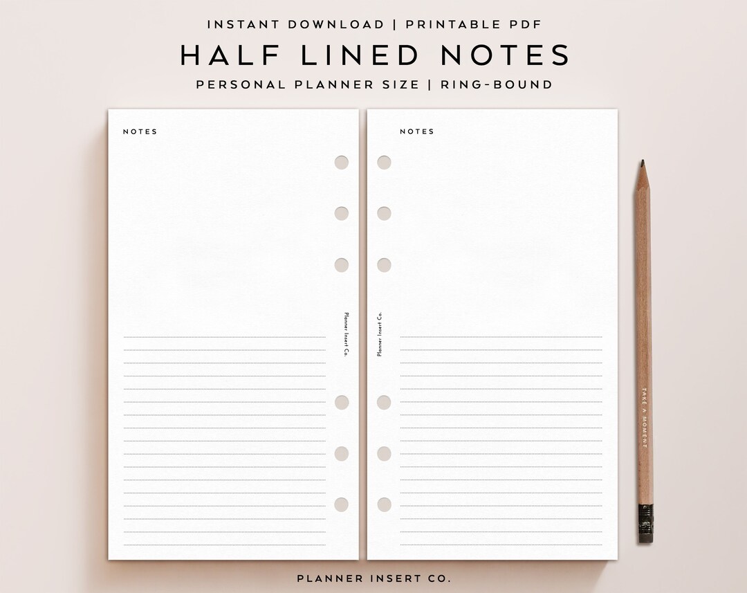 PERSONAL SIZE // Half Lined Notes Printable Planner Insert, Note Taking ...