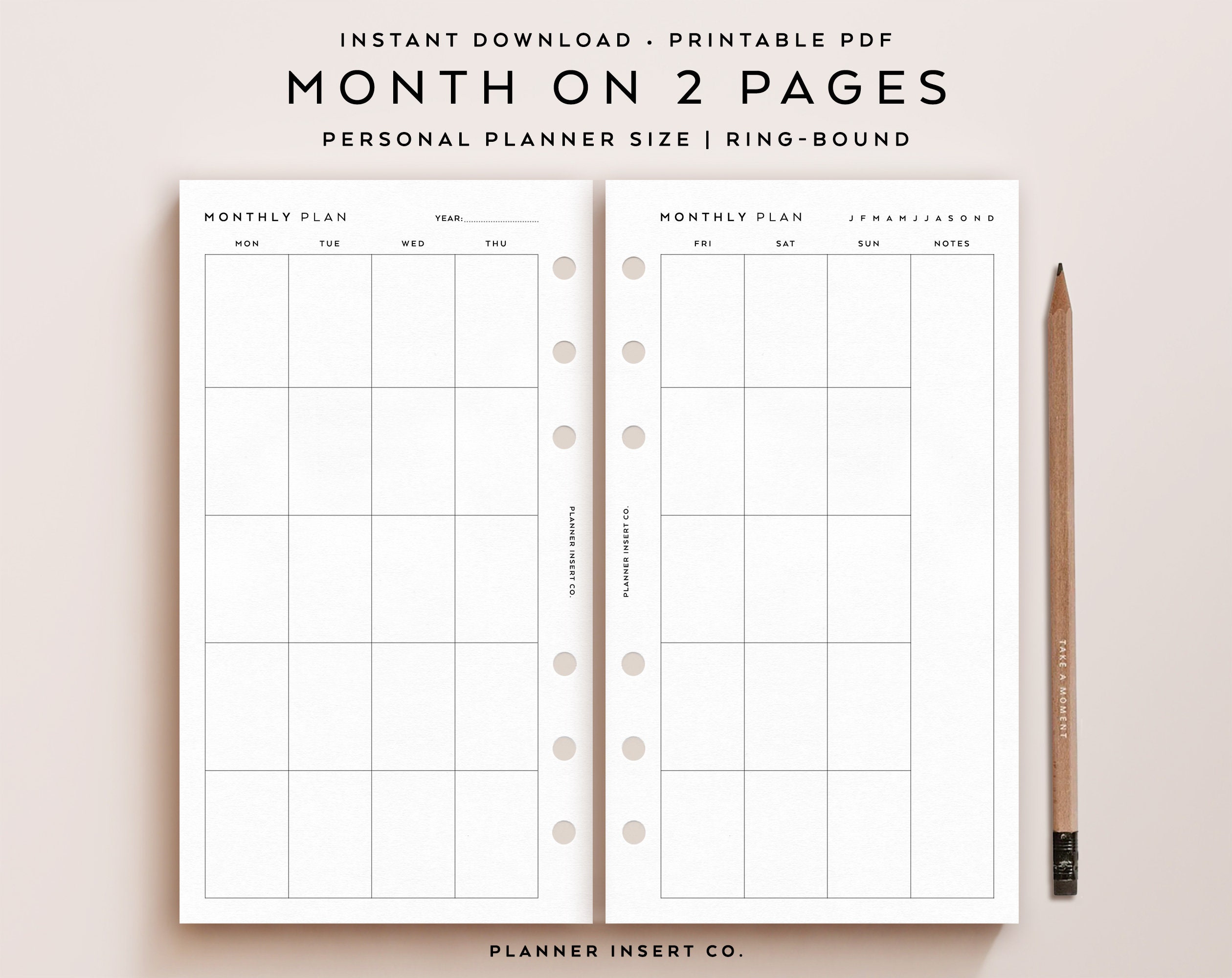 PERSONAL SIZE // Monthly Planner Printable Insert / Month on Two Pages ...