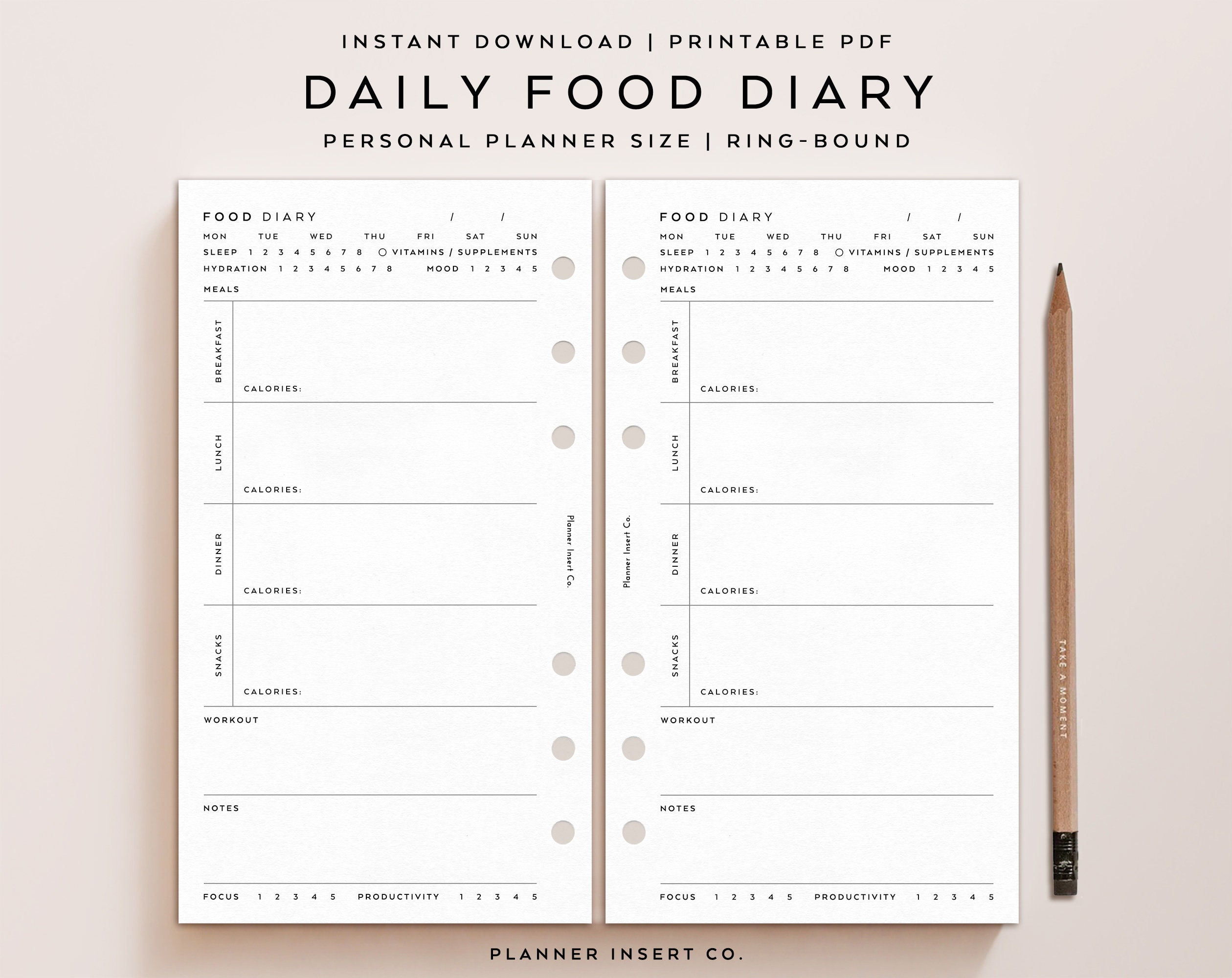 PERSONAL SIZE // Daily Food Diary Printable Planner Insert, Food ...