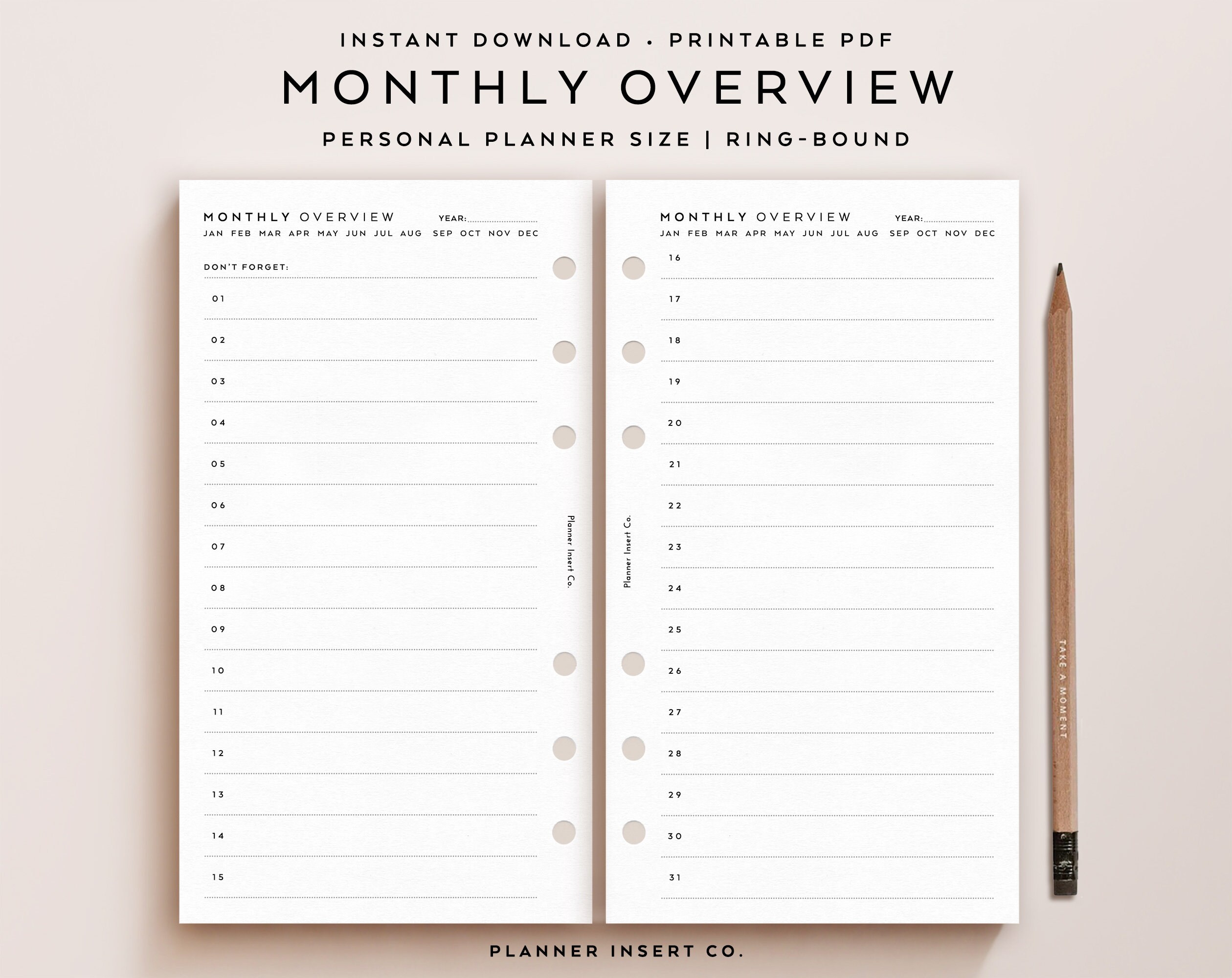 PERSONAL SIZE // Monthly Planner Insert Printable / Month at A Glance ...