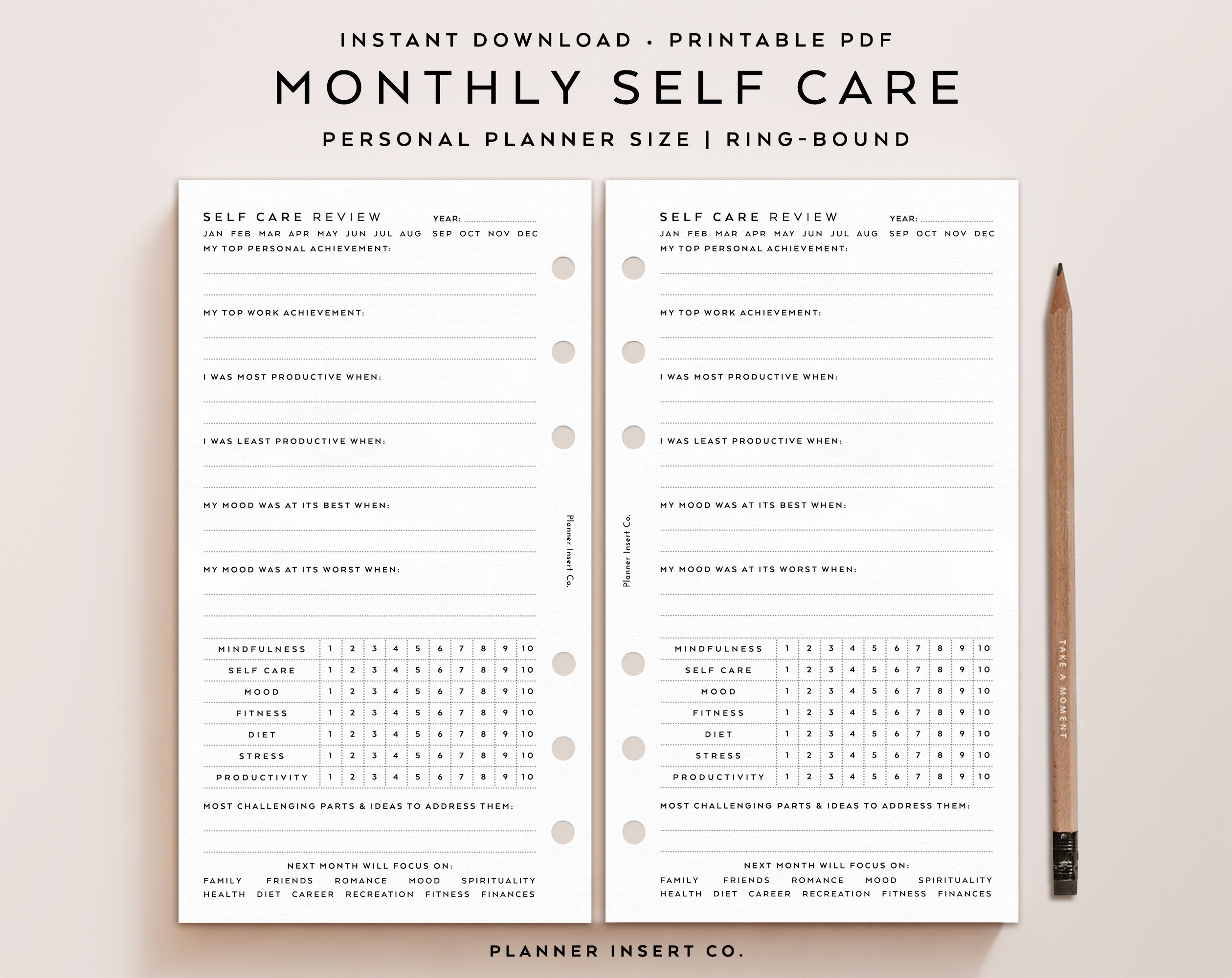 PERSONAL SIZE // Monthly Self Care & Wellness Planner Insert Printable ...