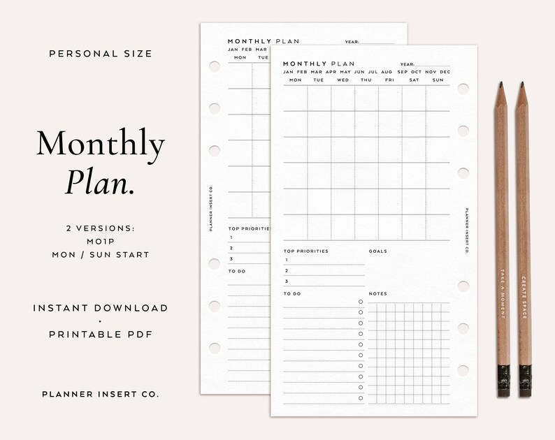 PERSONAL SIZE // Monthly Planner Printable Insert / Monthly - Etsy