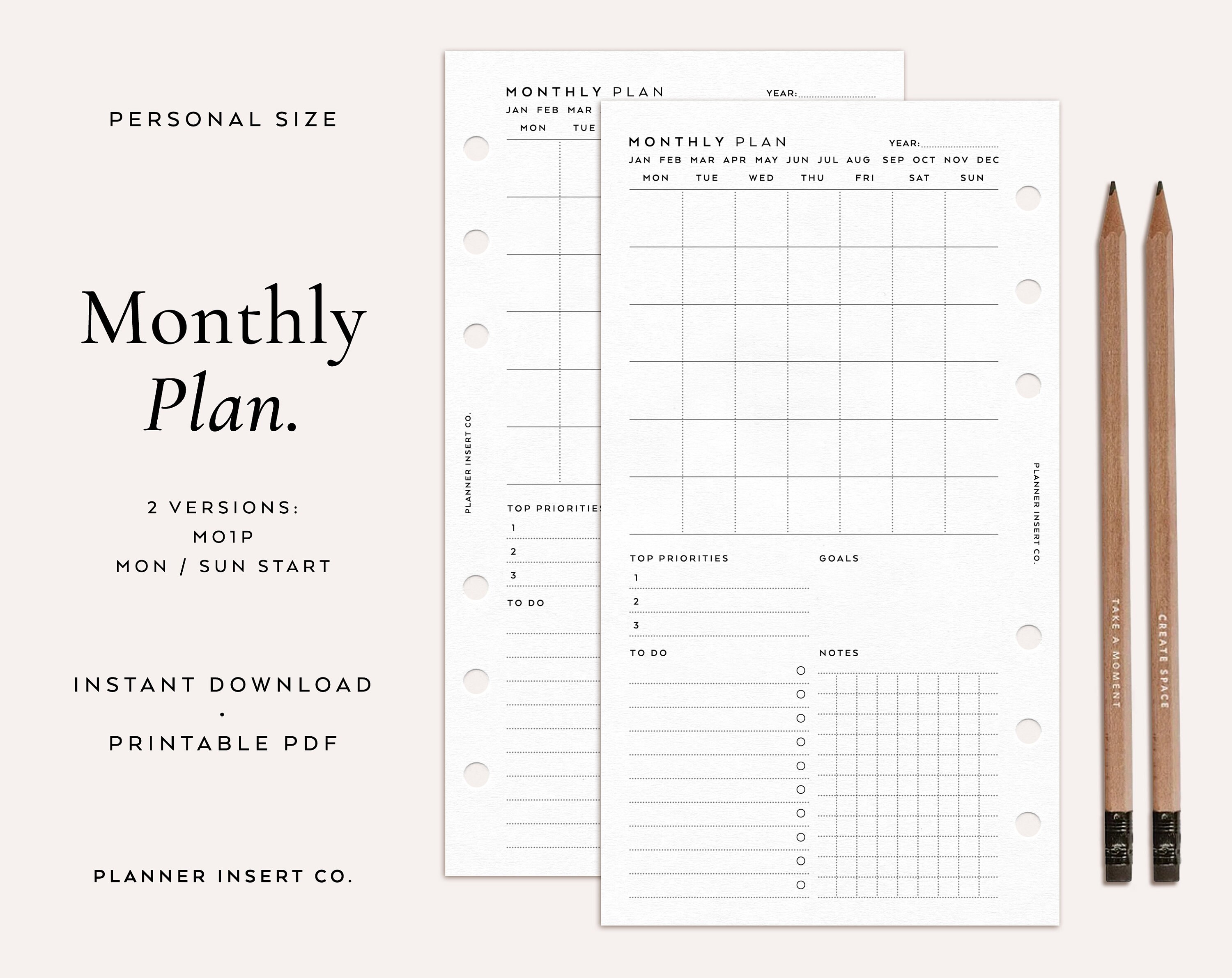 PERSONAL SIZE // Monthly Planner Printable Insert / Monthly - Etsy