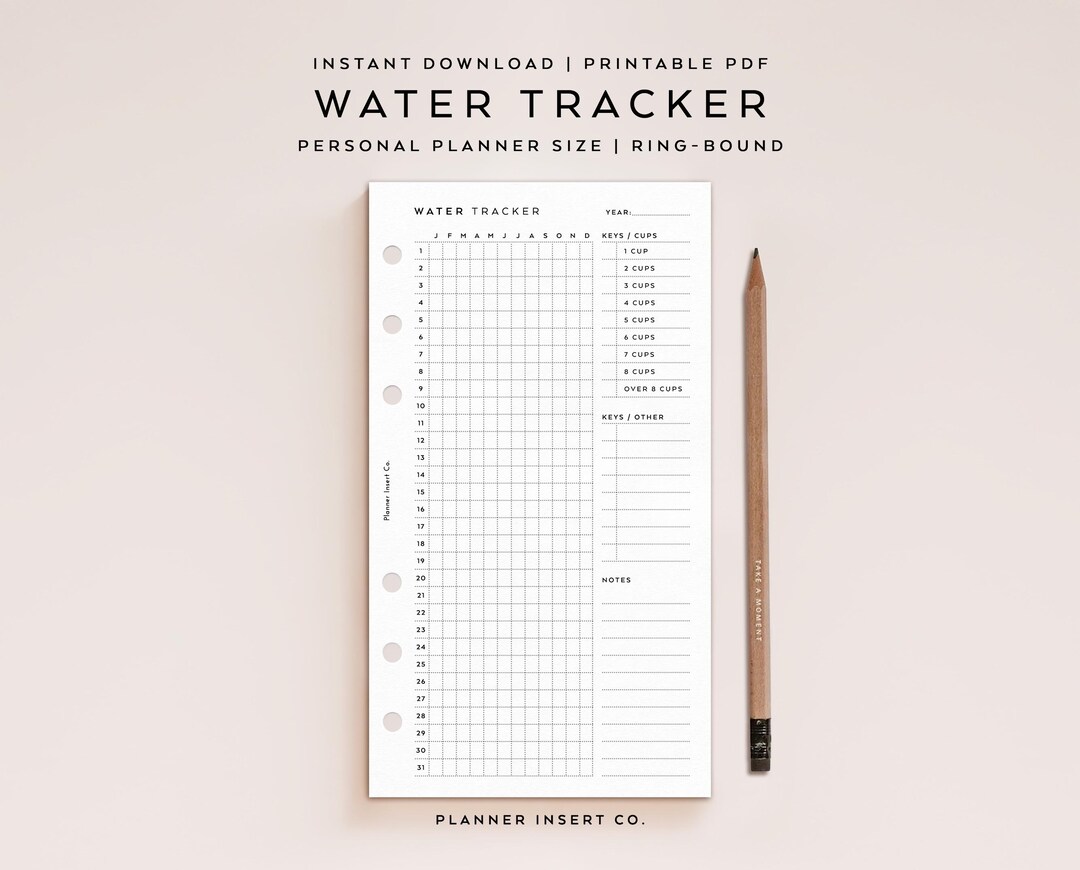 PERSONAL SIZE // Monthly Water Tracker Journal Printable Planner Insert ...