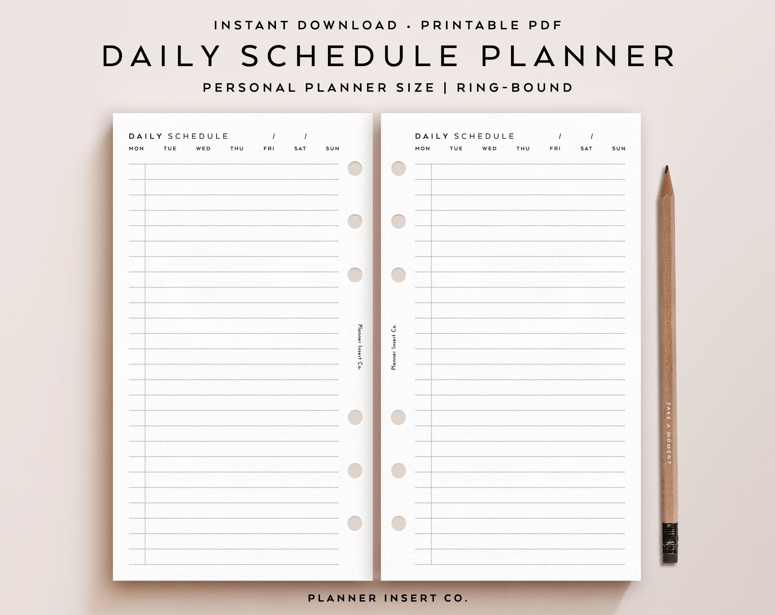 PERSONAL SIZE // Daily Schedule Printable Planner Insert / Minimal ...