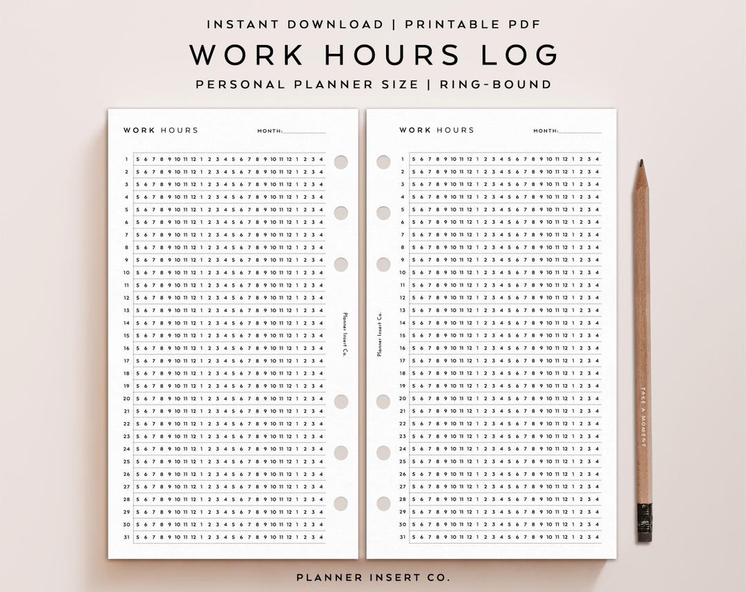 PERSONAL SIZE // Work Hours Log Printable Planner Insert Minimal ...