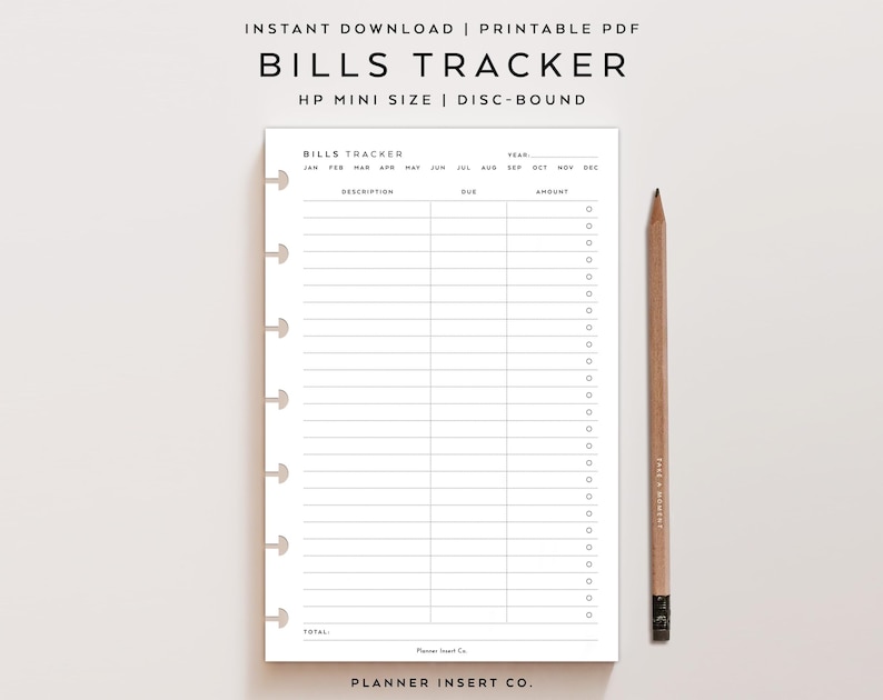 HP MINI SIZE // Bills Tracker Planner Insert Printable / Monthly Bill ...