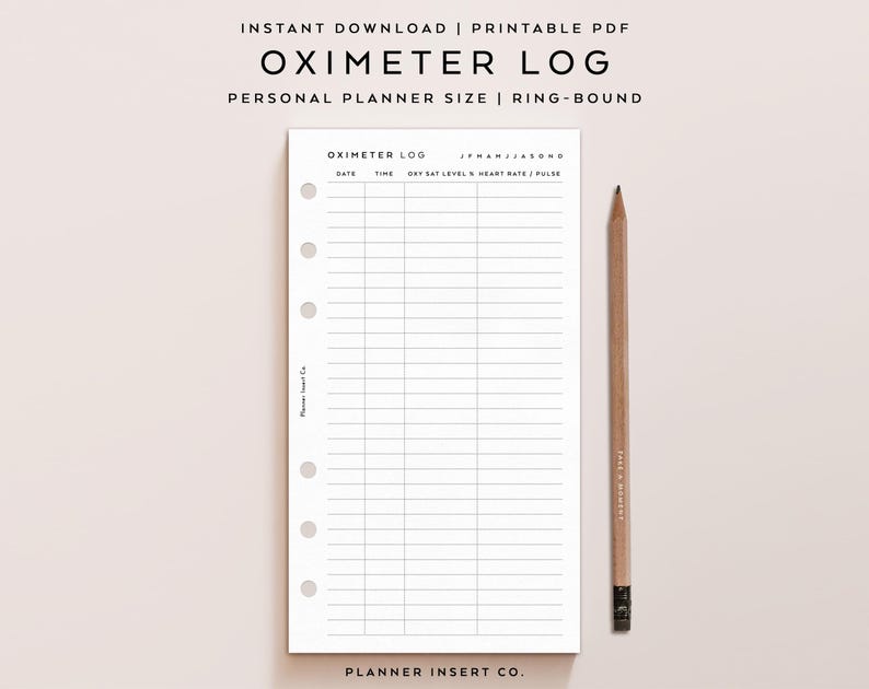 PERSONAL SIZE // Oximeter Tracker Printable Planner Insert, Oxygen ...