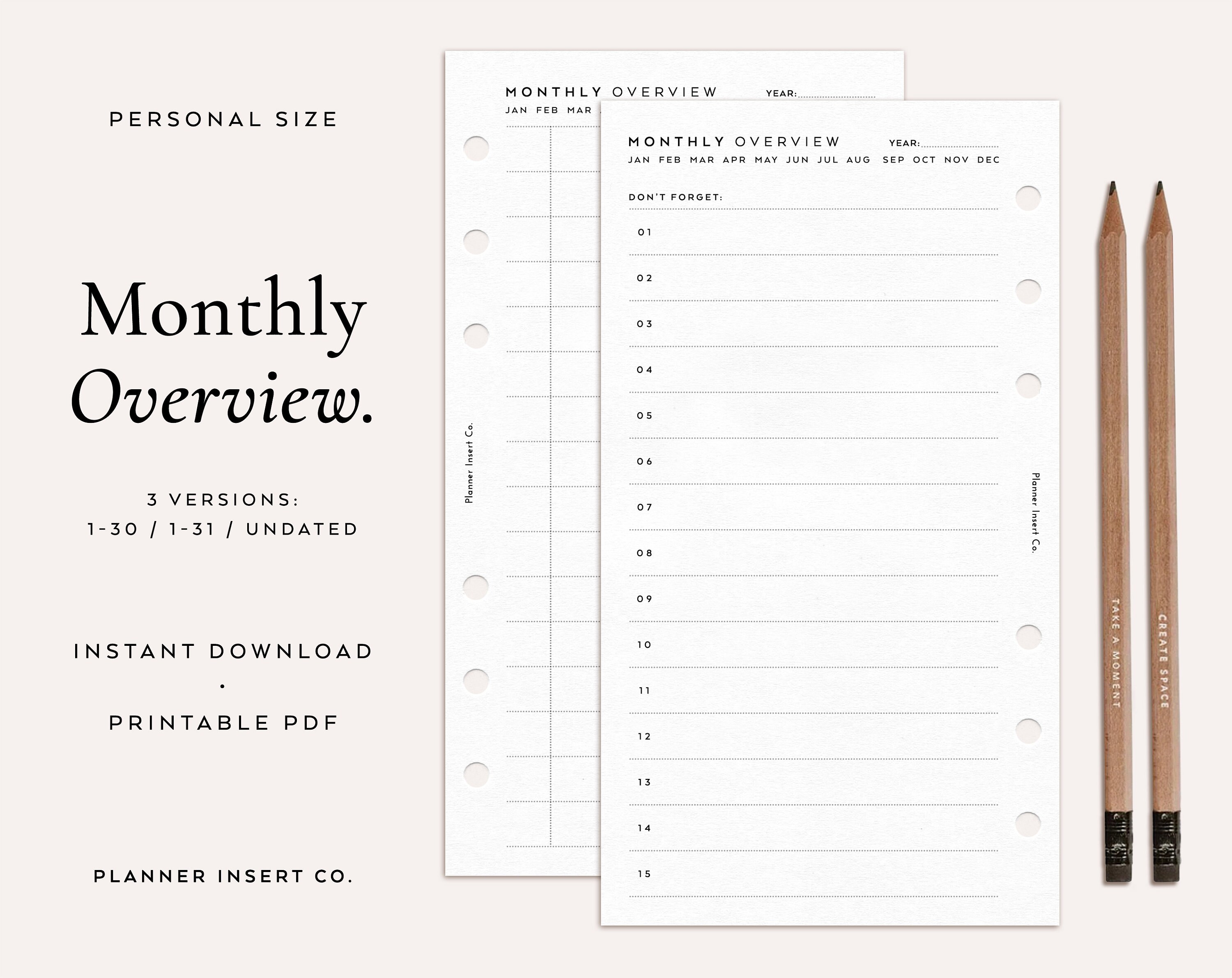 PERSONAL SIZE // Monthly Planner Insert Printable / Month at A Glance ...