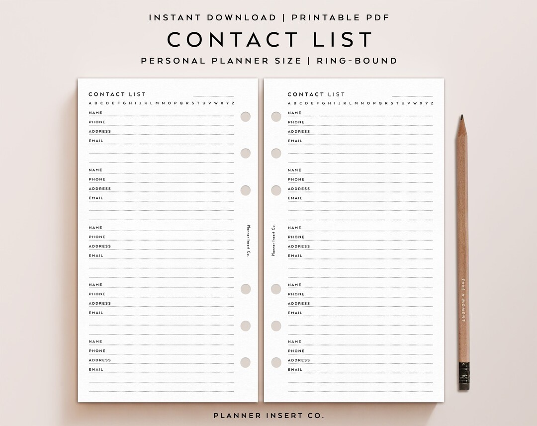 PERSONAL SIZE // Contact List Printable Planner Insert / Emergency ...