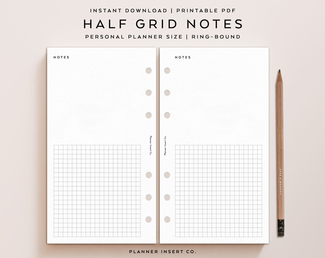 PERSONAL SIZE // Half Grid Notes Printable Planner Insert, Note Taking ...