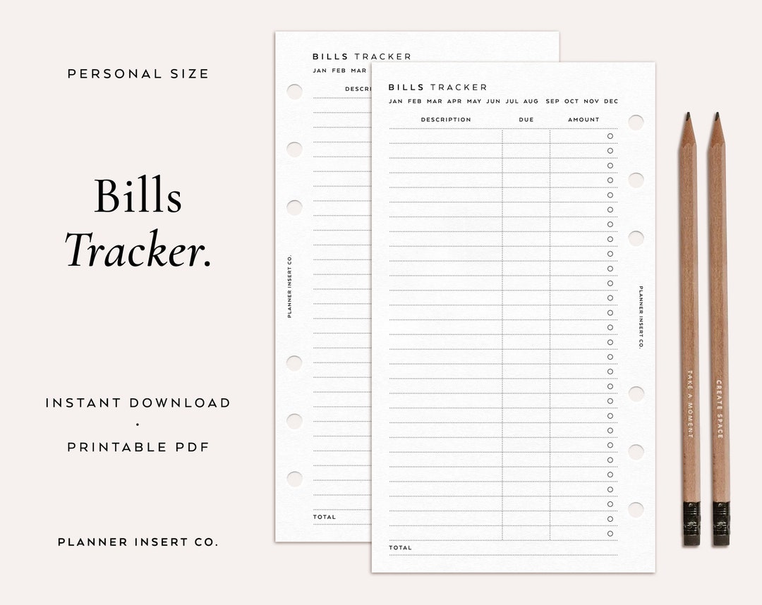 PERSONAL SIZE // Bills Tracker Planner Insert Printable / - Etsy