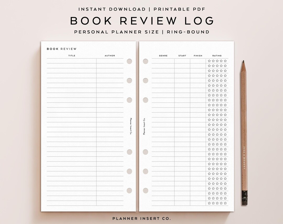 PERSONAL SIZE // Book Review Log Planner Insert Printable / Books ...