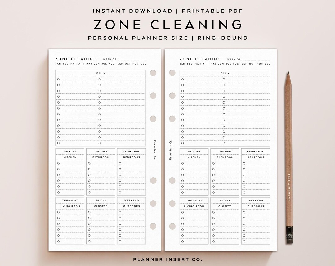 PERSONAL SIZE // Zone Cleaning Printable Planner Insert / Weekly Chores ...