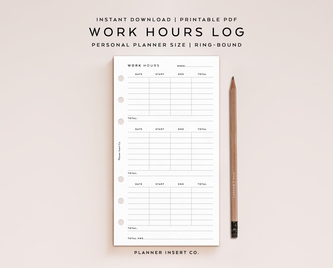PERSONAL SIZE // Work Hours Log Planner Insert Printable, Work Hours ...