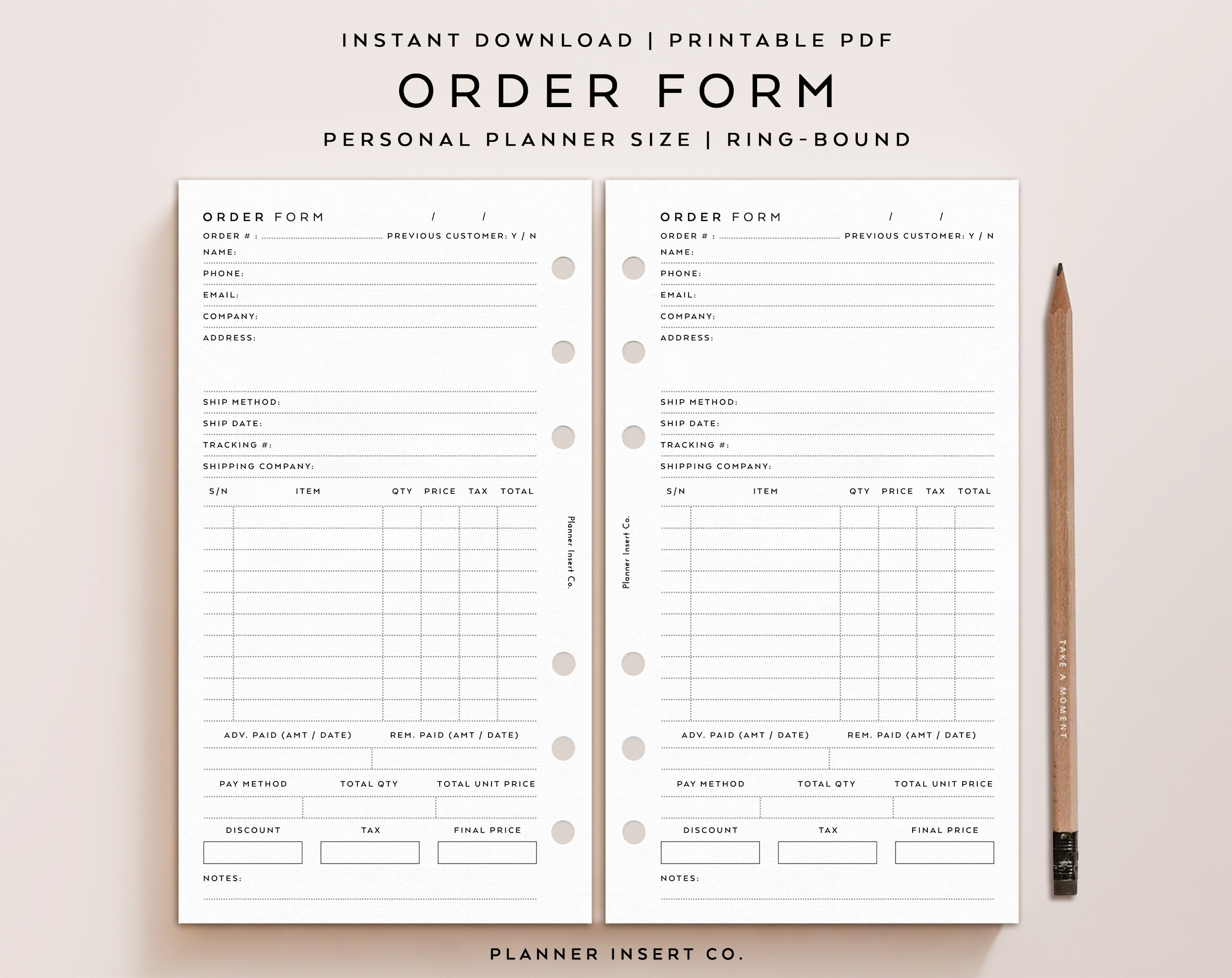 PERSONAL SIZE // Order Form Template Planner Insert Printable / Order ...
