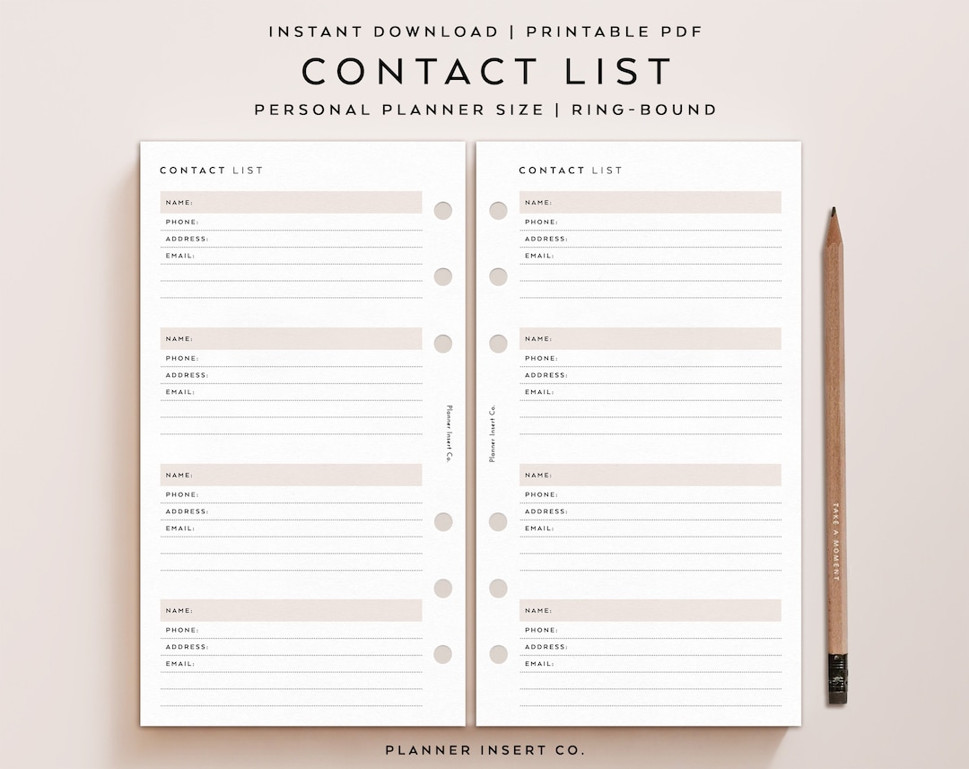 PERSONAL SIZE // Contacts List Planner Insert Printable, Contact List Sheet, Contacts ...