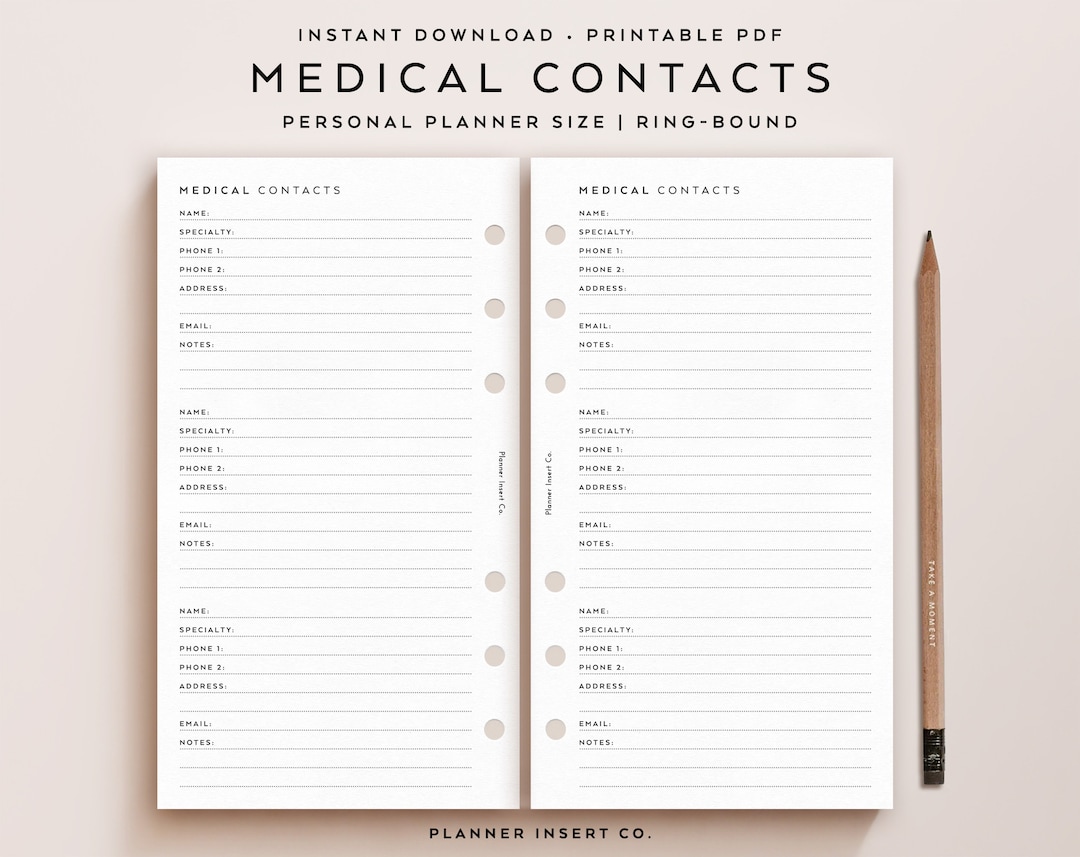 PERSONAL SIZE // Medical Contacts List Printable Planner Insert ...