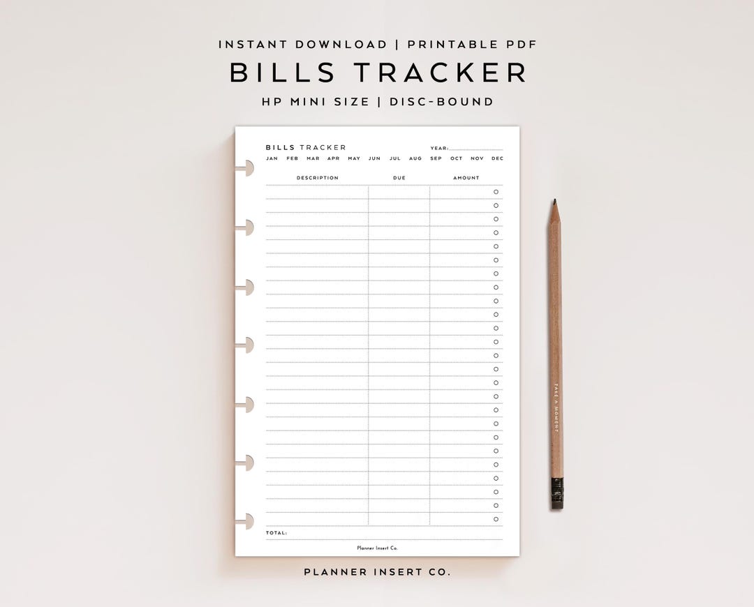 HP MINI SIZE // Bills Tracker Planner Insert Printable / Monthly Bill ...