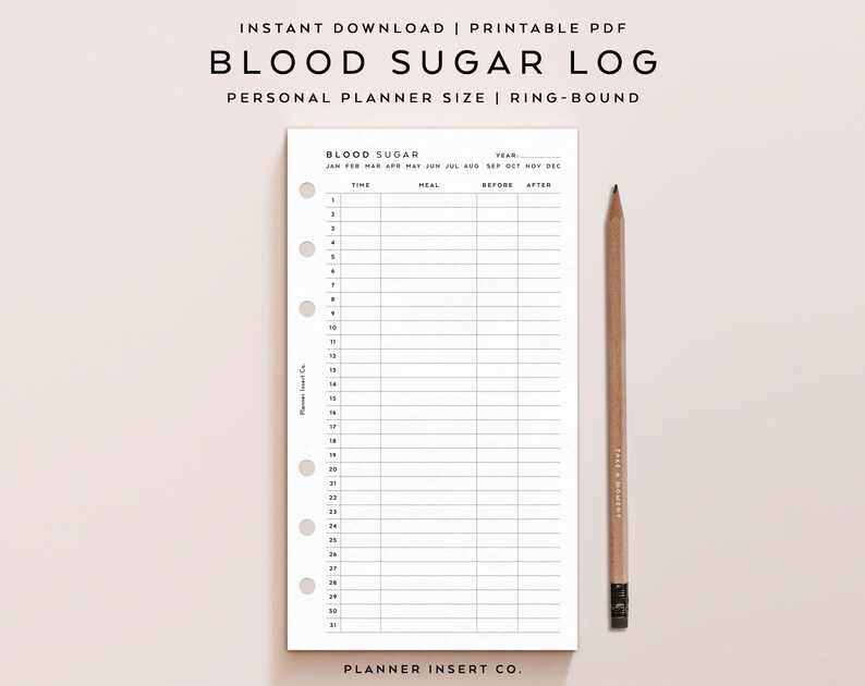 PERSONAL SIZE // Blood Sugar Tracker Printable Planner Insert, Monthly ...