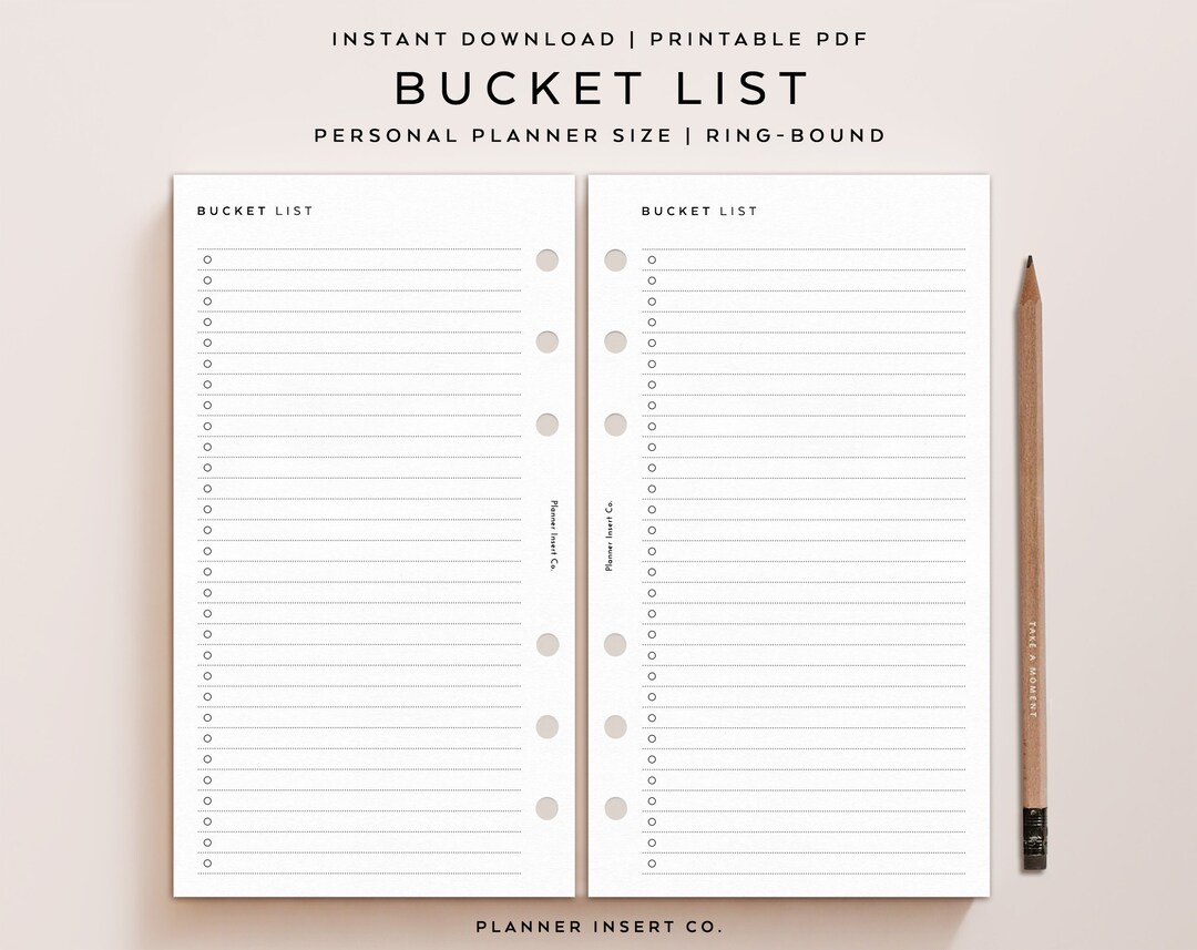 PERSONAL SIZE // Printable Bucket List Planner Insert / Goals Checklist ...