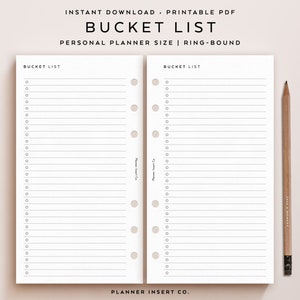 PERSONAL SIZE // Printable Bucket List Planner Insert / Goals Checklist ...