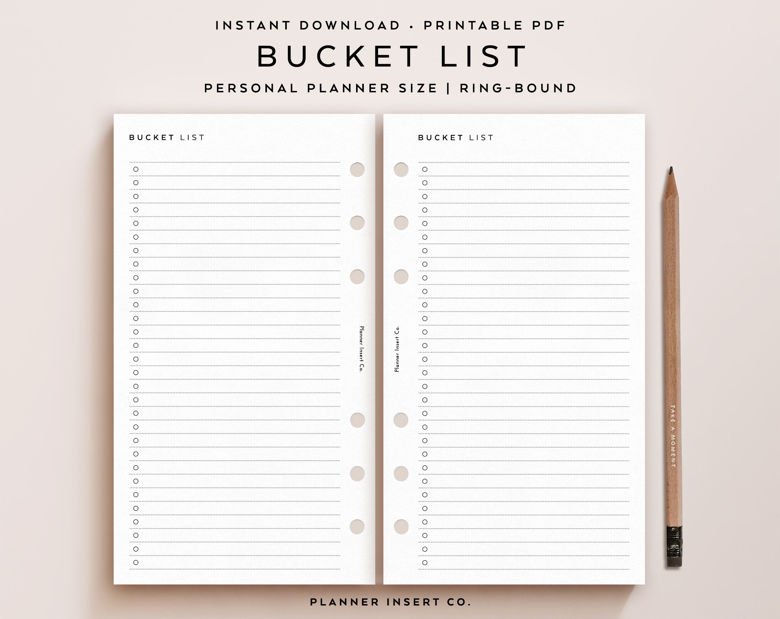 PERSONAL SIZE // Printable Bucket List Planner Insert / Goals Checklist ...