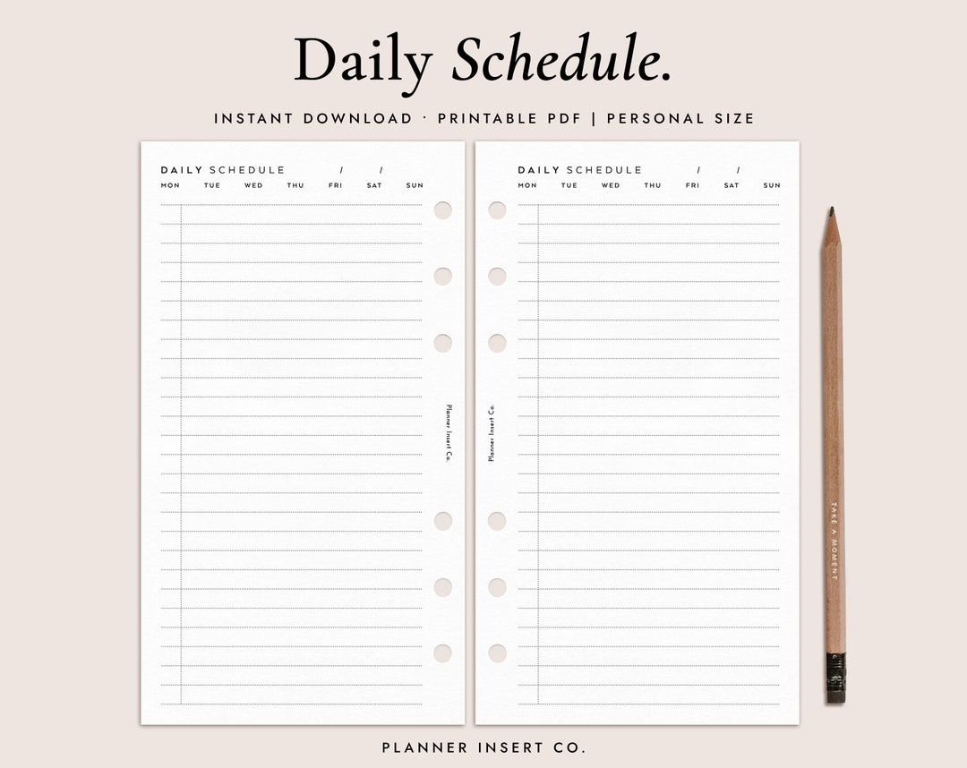 PERSONAL SIZE // Daily Schedule Printable Planner Insert / Minimal ...