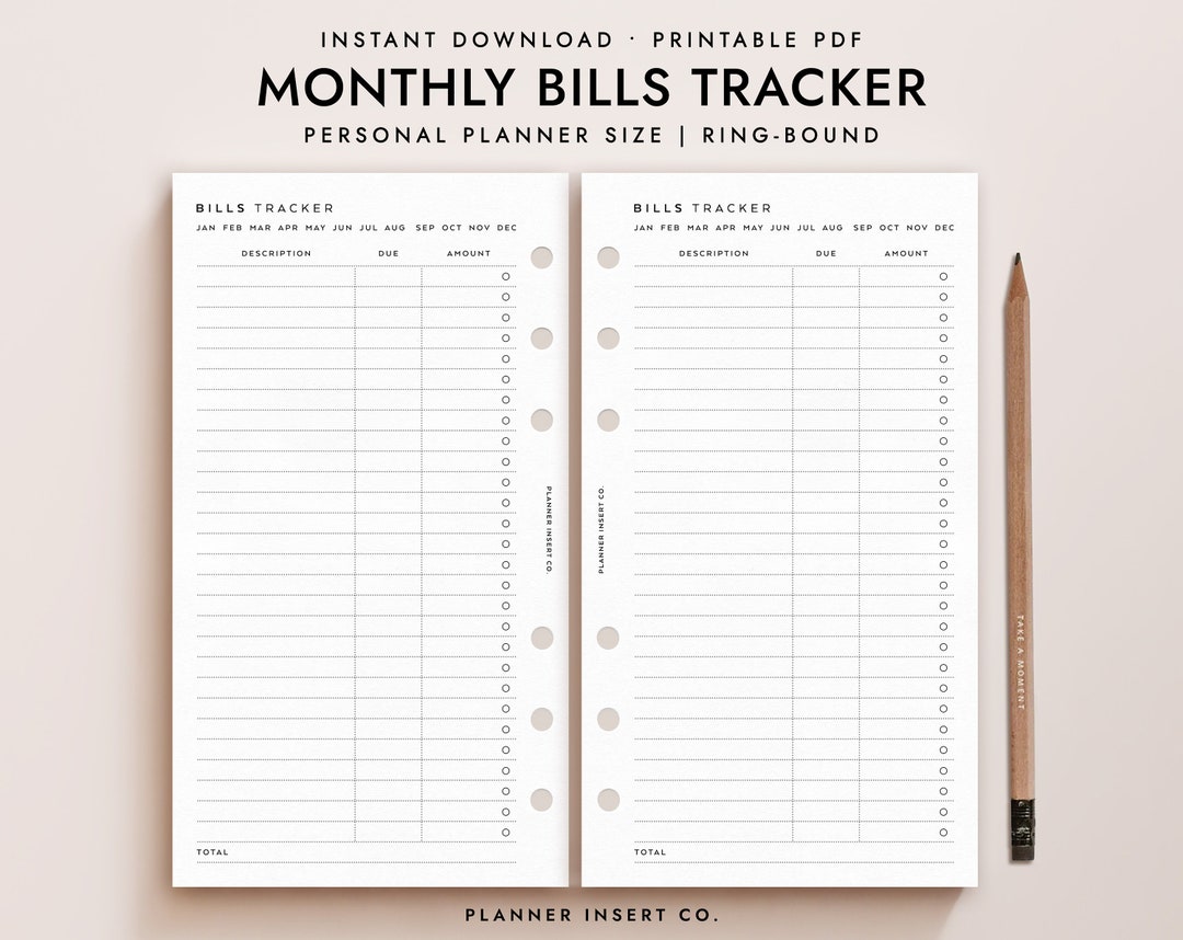 PERSONAL SIZE // Bills Tracker Planner Insert Printable / - Etsy