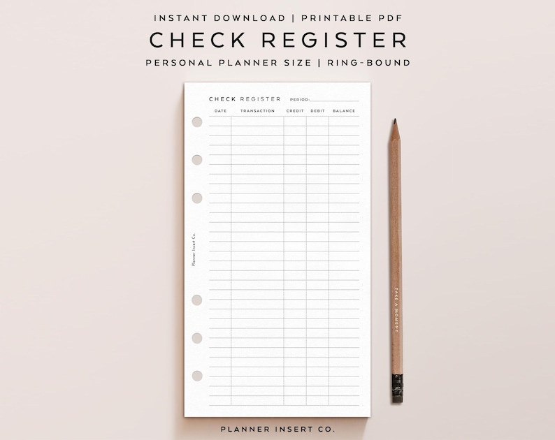 PERSONAL SIZE // Check Register Printable Planner Insert, Checkbook ...
