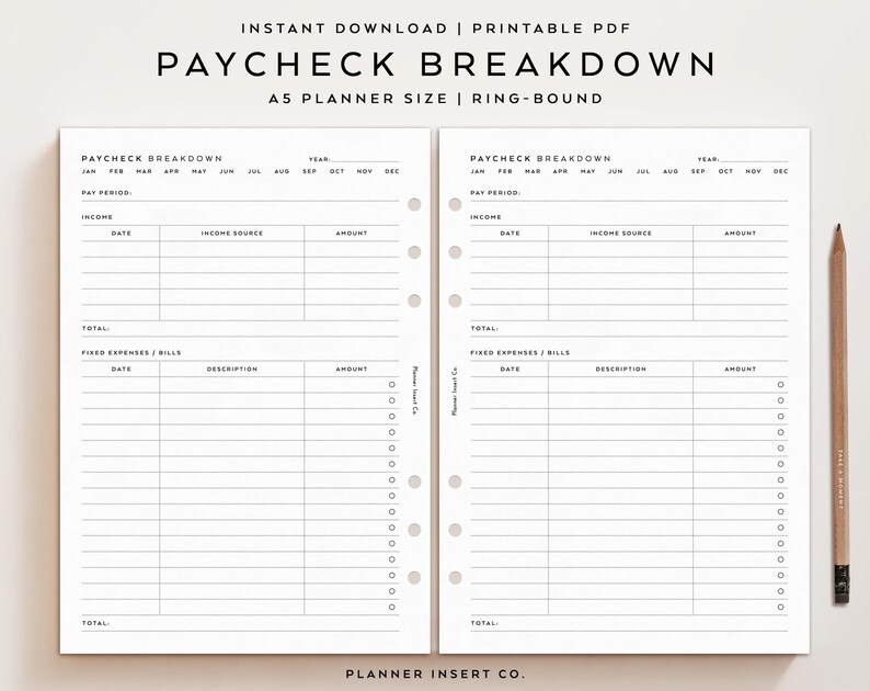 A5 PLANNER SIZE // Paycheck Budget Breakdown Printable Planner Insert ...