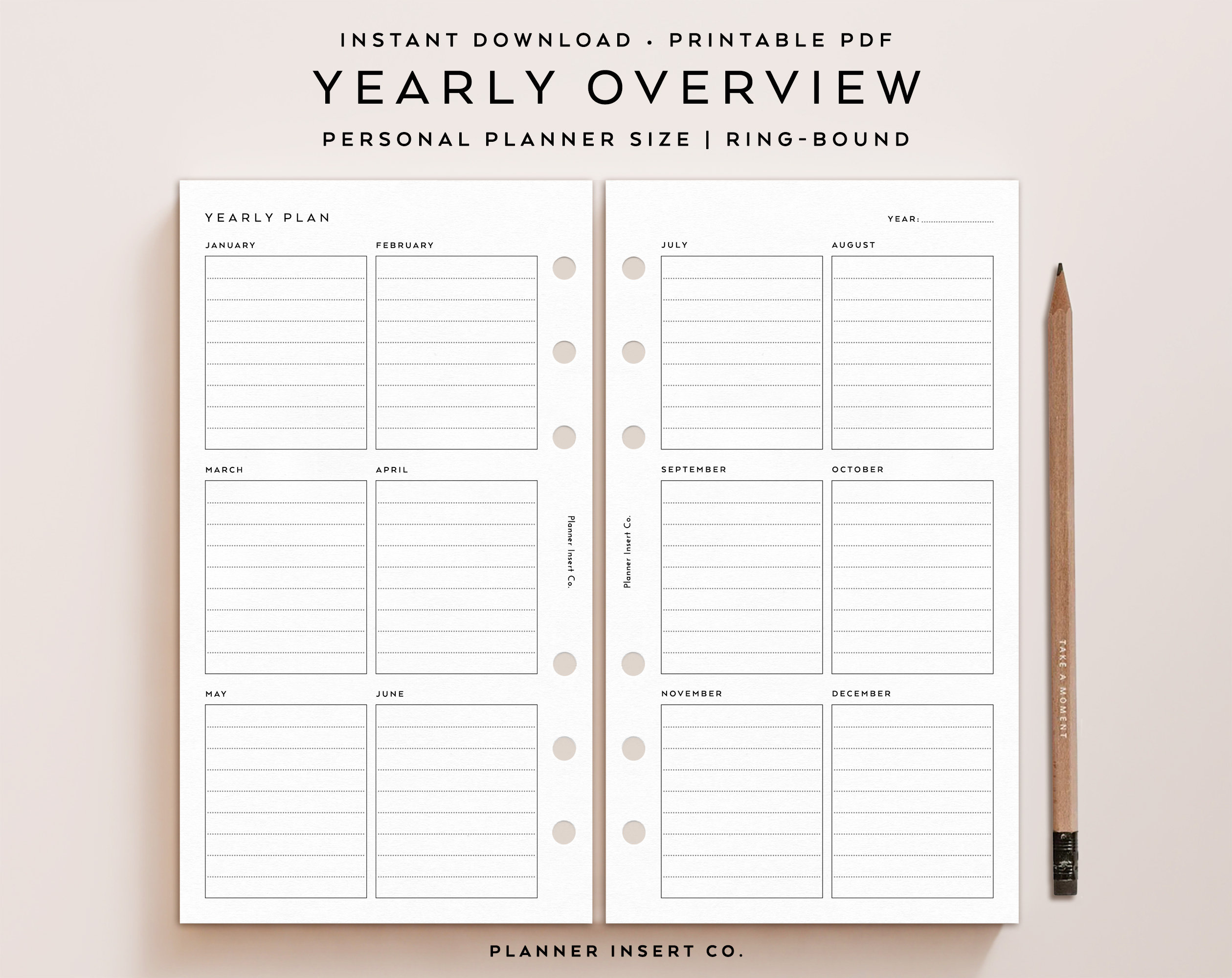 PERSONAL SIZE // Yearly Planner Printable Inserts, Year at a Glance ...
