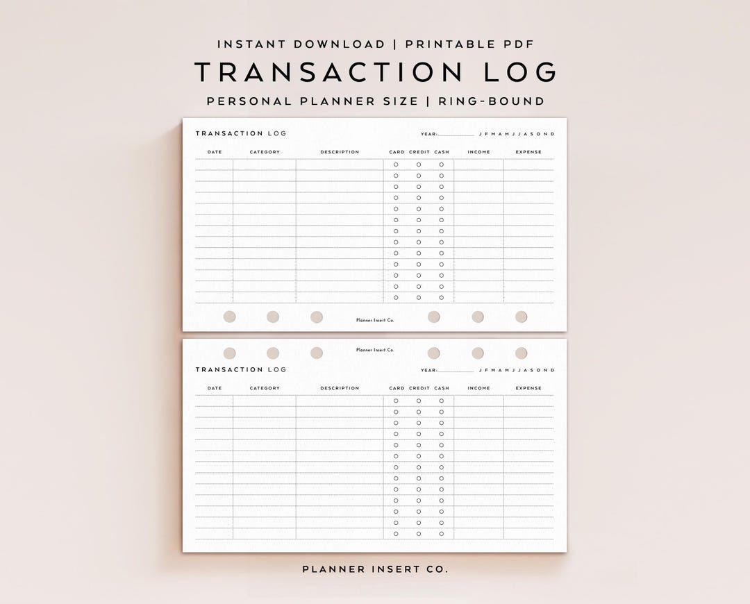 PERSONAL SIZE // Transaction Log Printable Planner Insert, Income ...