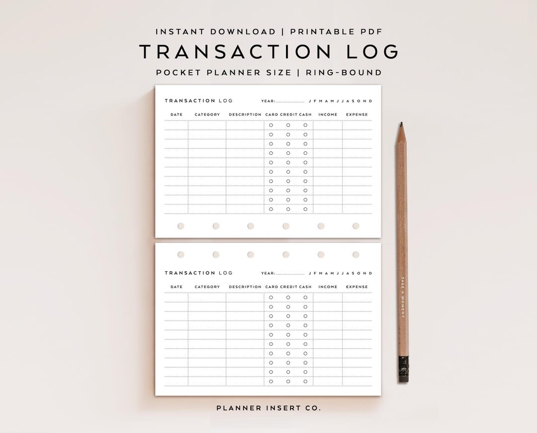 POCKET SIZE // Transaction Log Printable Planner Insert, Income Expense ...