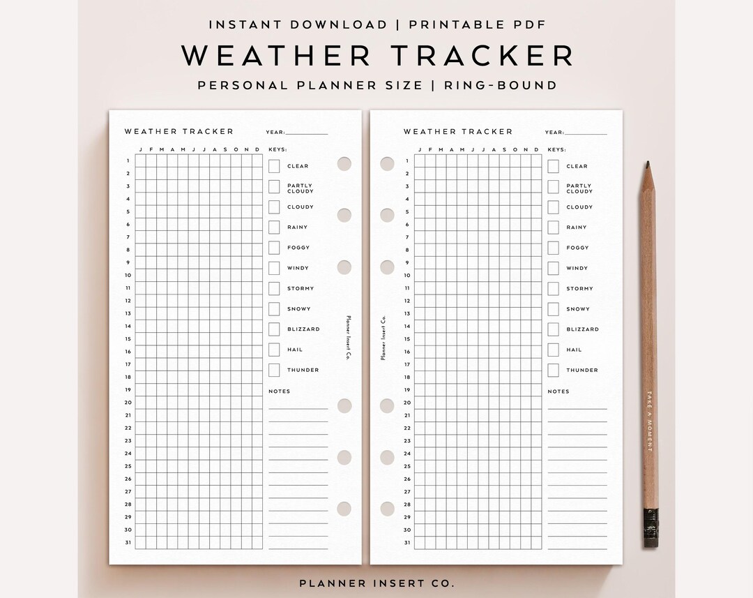 PERSONAL SIZE // Weather Tracker Planner Insert Printable / Yearly ...