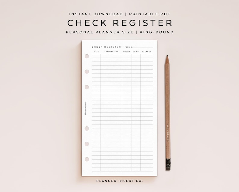 PERSONAL SIZE // Check Register Printable Planner Insert, Checkbook ...