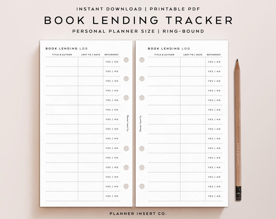PERSONAL SIZE // Book Lending Tracker Printable Planner Insert ...