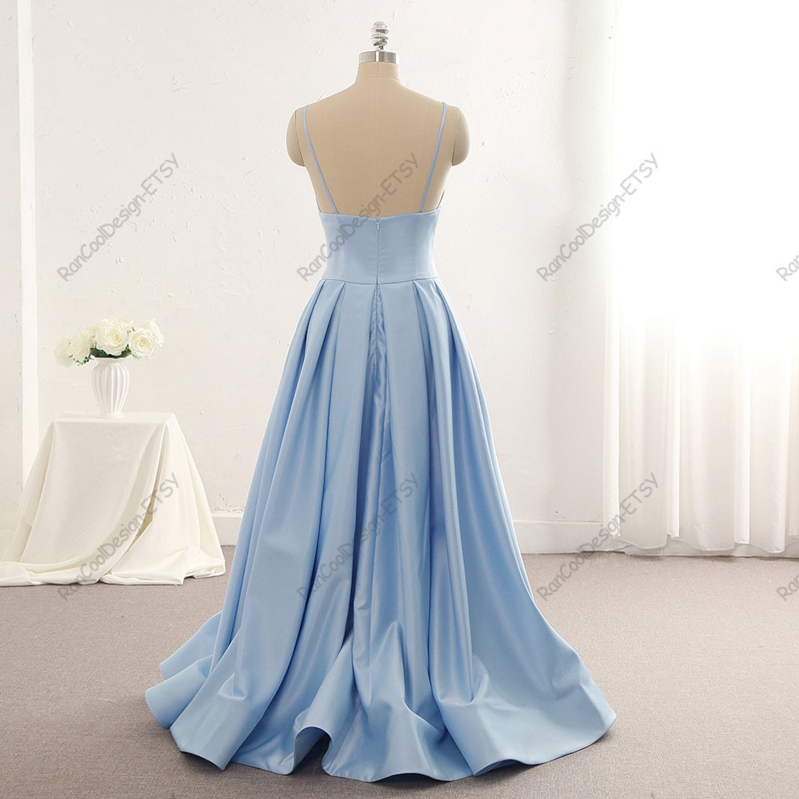 Sky Blue Satin Prom Dress Slit Skirt Formal Dress Girl Graduation Party ...