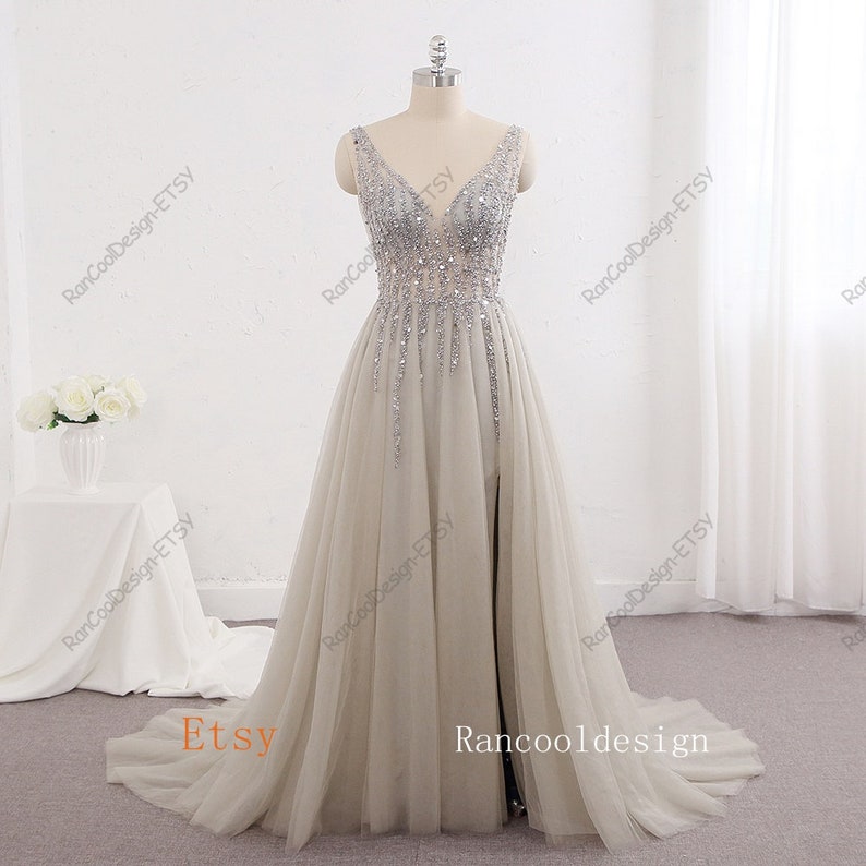 Silver Grey Dress Slit Skirt Quinceanera Dress Girl Graduation Party ...