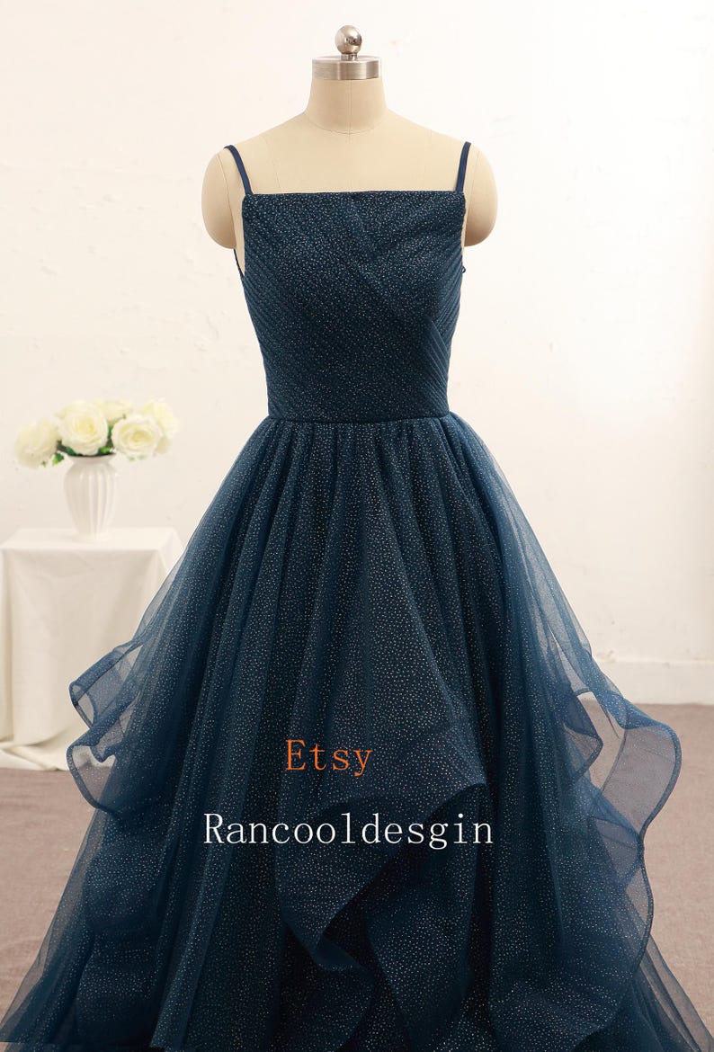 Vestido de fiesta de tul brillante azul marino: vestido formal ...