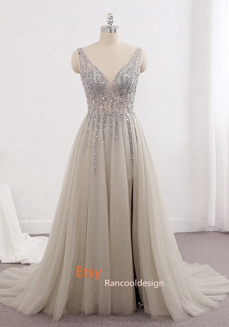 Silver Grey Dress Slit Skirt Quinceanera Dress Girl Graduation Party ...