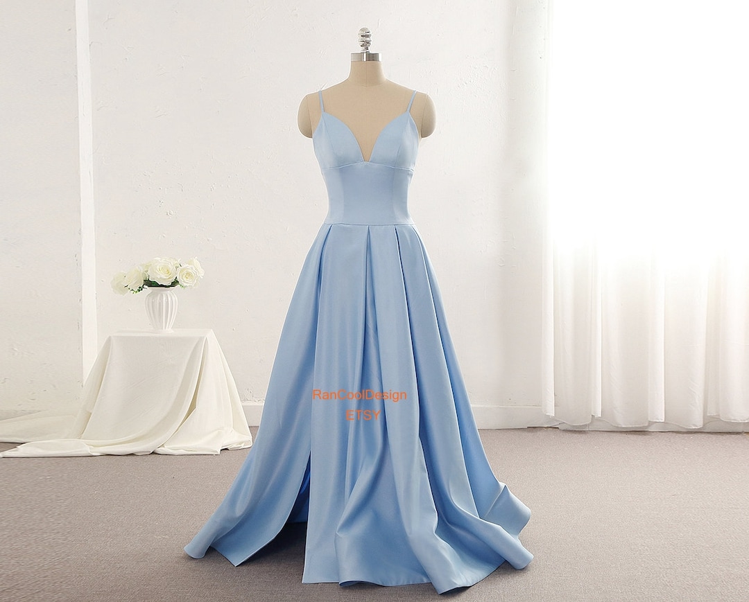 Sky Blue Satin Prom Dress Slit Skirt Formal Dress Girl Graduation Party ...