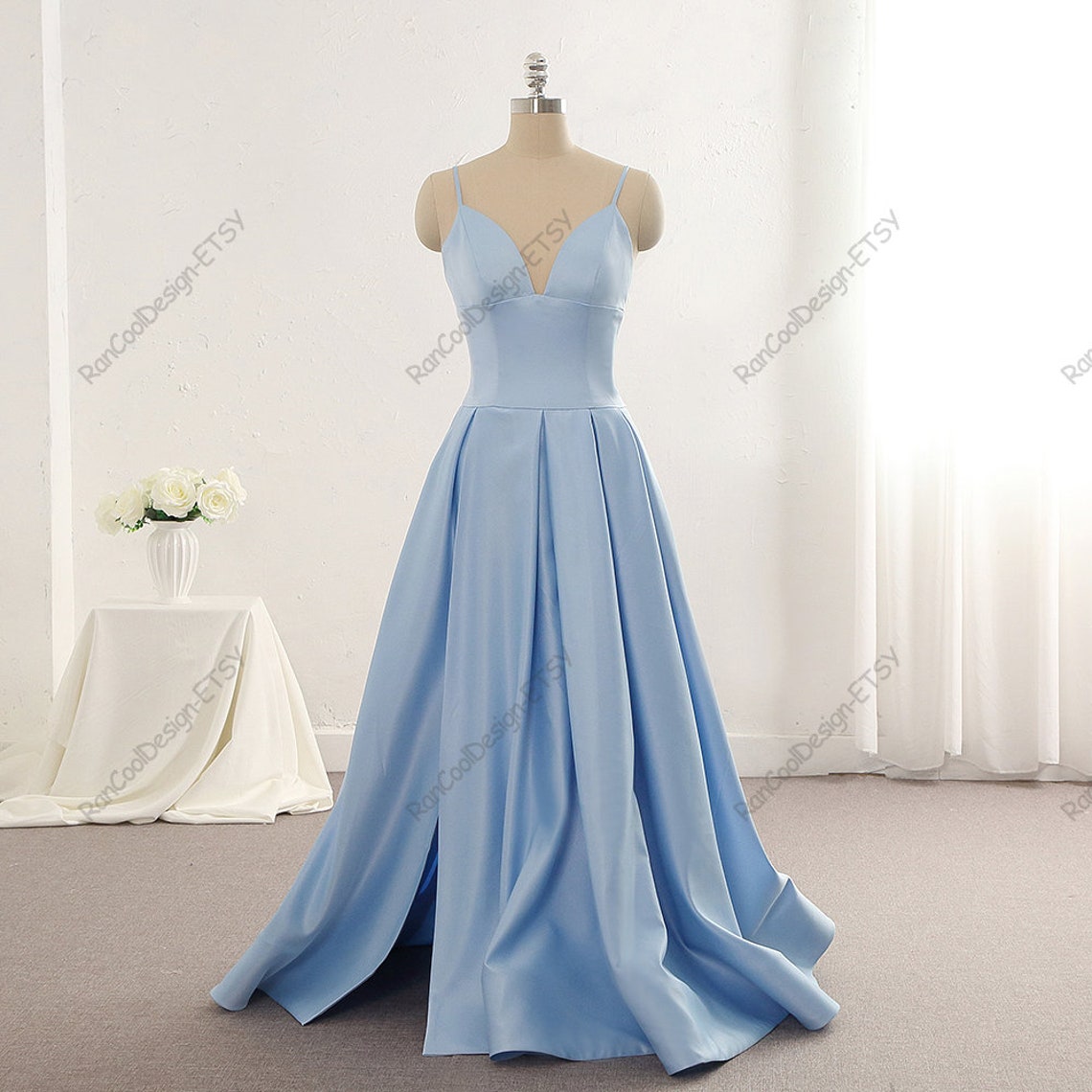 Sky Blue Satin Prom Dress Slit Skirt Formal Dress Girl Graduation Party ...